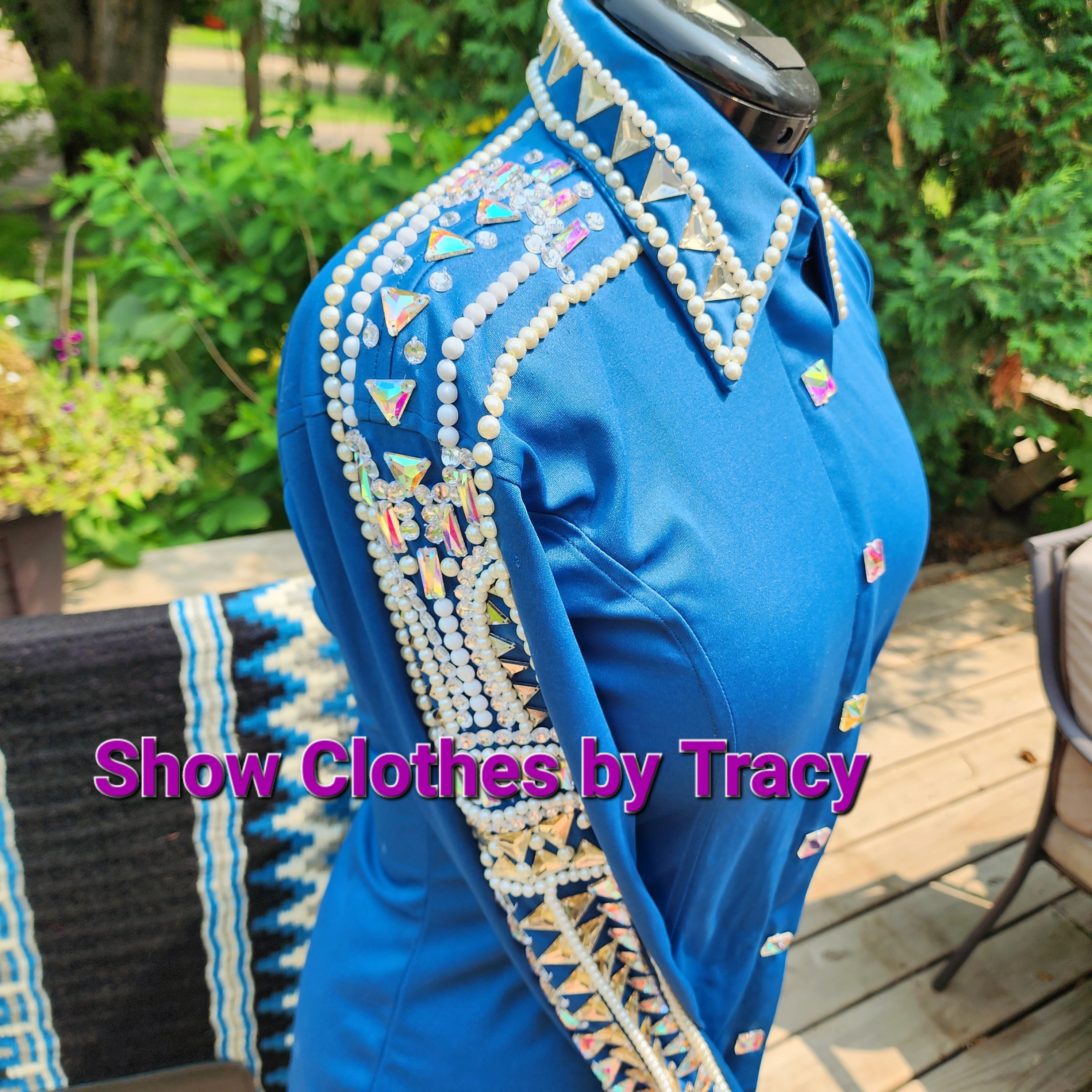 CUSTOM Denim blue lycra full arm crystal day shirt – Show Clothes by Tracy